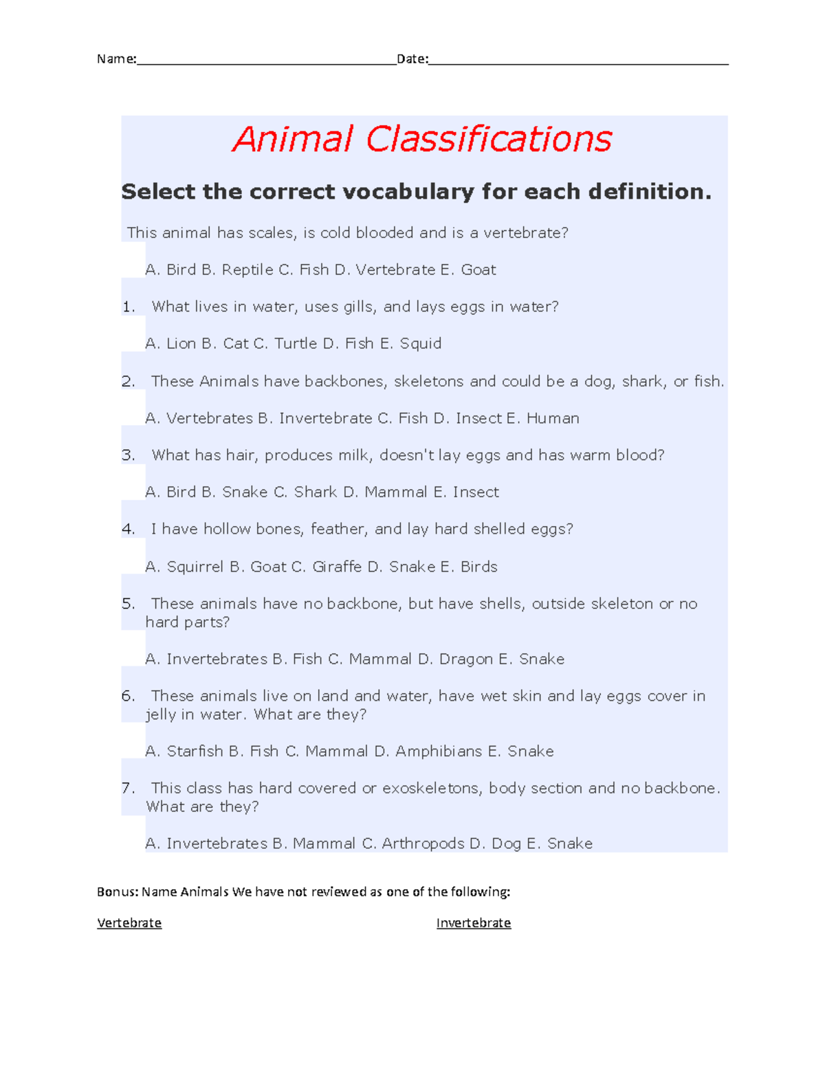 Animal test - science lesson test - Name: Date: Animal Classifications ...