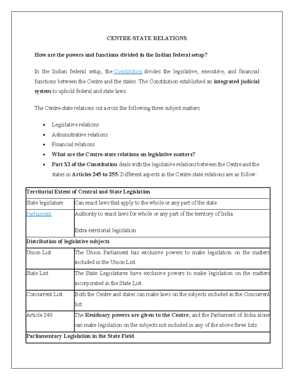 Centre-State Relations - CENTRE-STATE RELATIONS How are the powers and ...