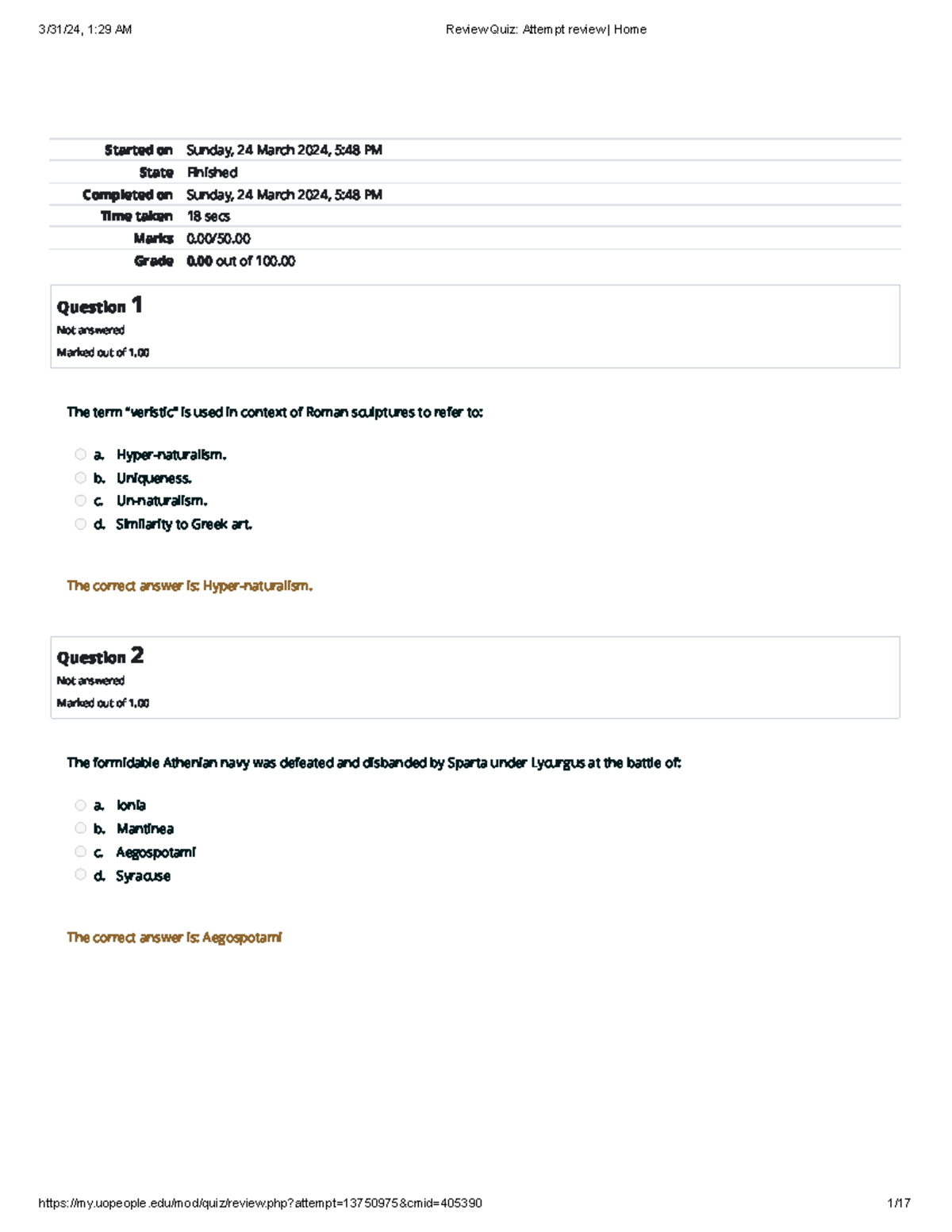 Review Quiz Attempt review Home - Started on Sunday, 24 March 2024, 5: ...