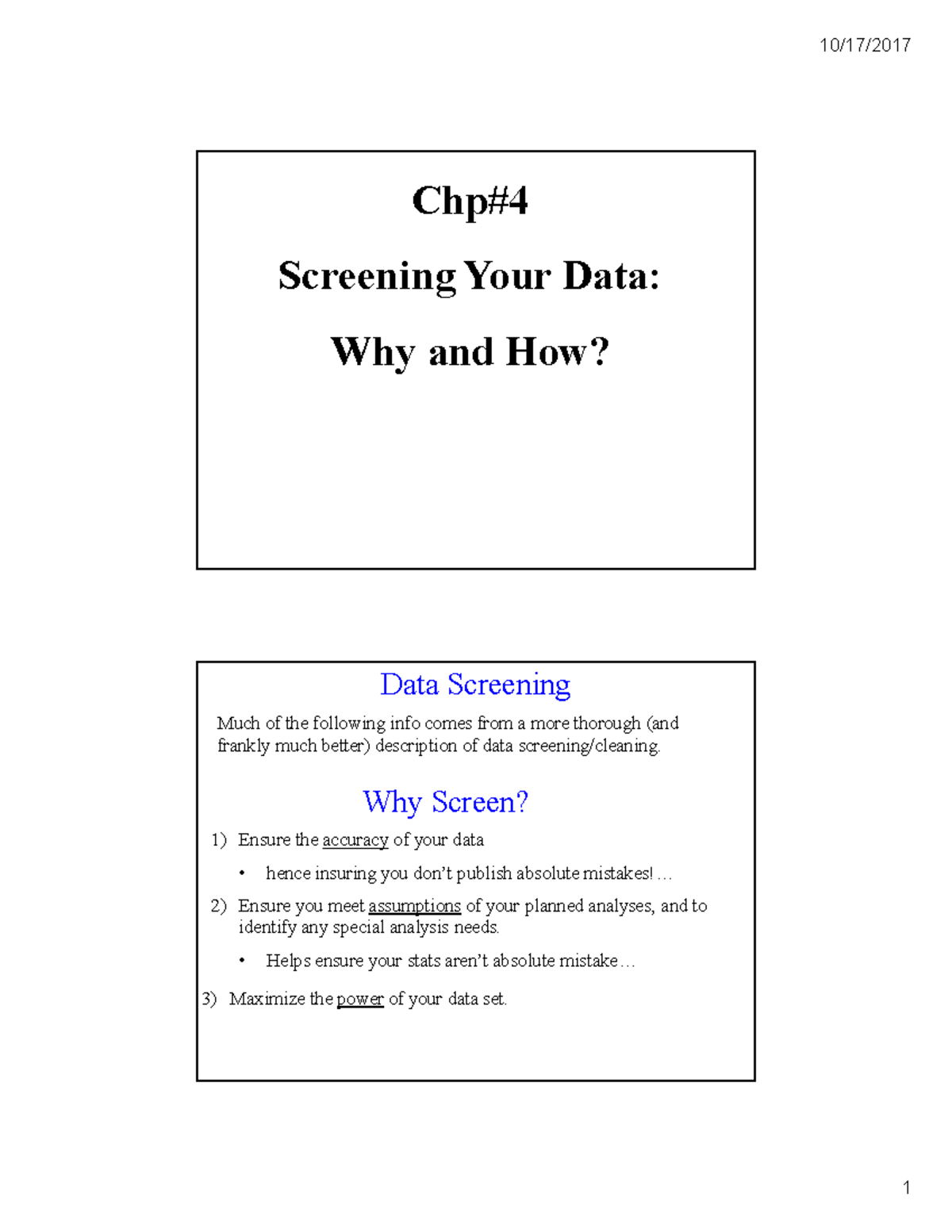 Data Screening - Lecture Notes for Statistics Course - 10/17/2017 Chp#4 ...