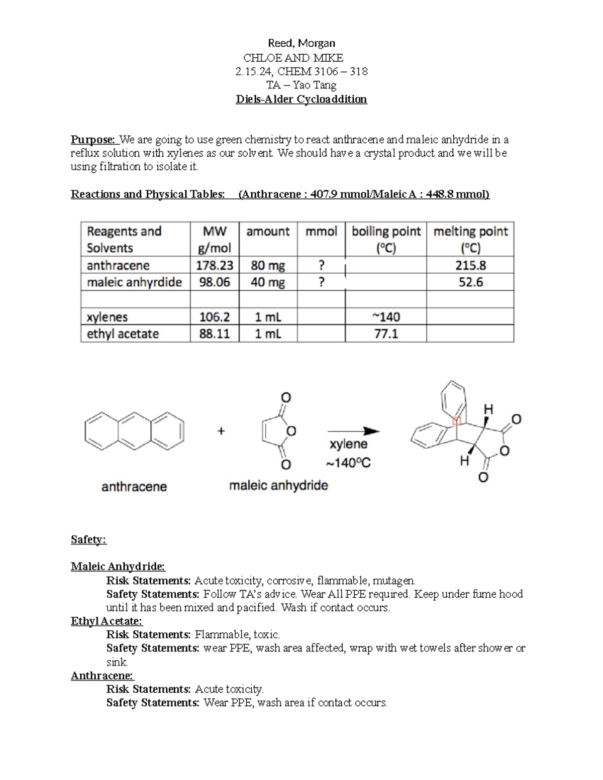 Organic Chem 2 Lab 4 - Lab work - CHLOE AND MIKE 2.15, CHEM 3106 – 318 ...