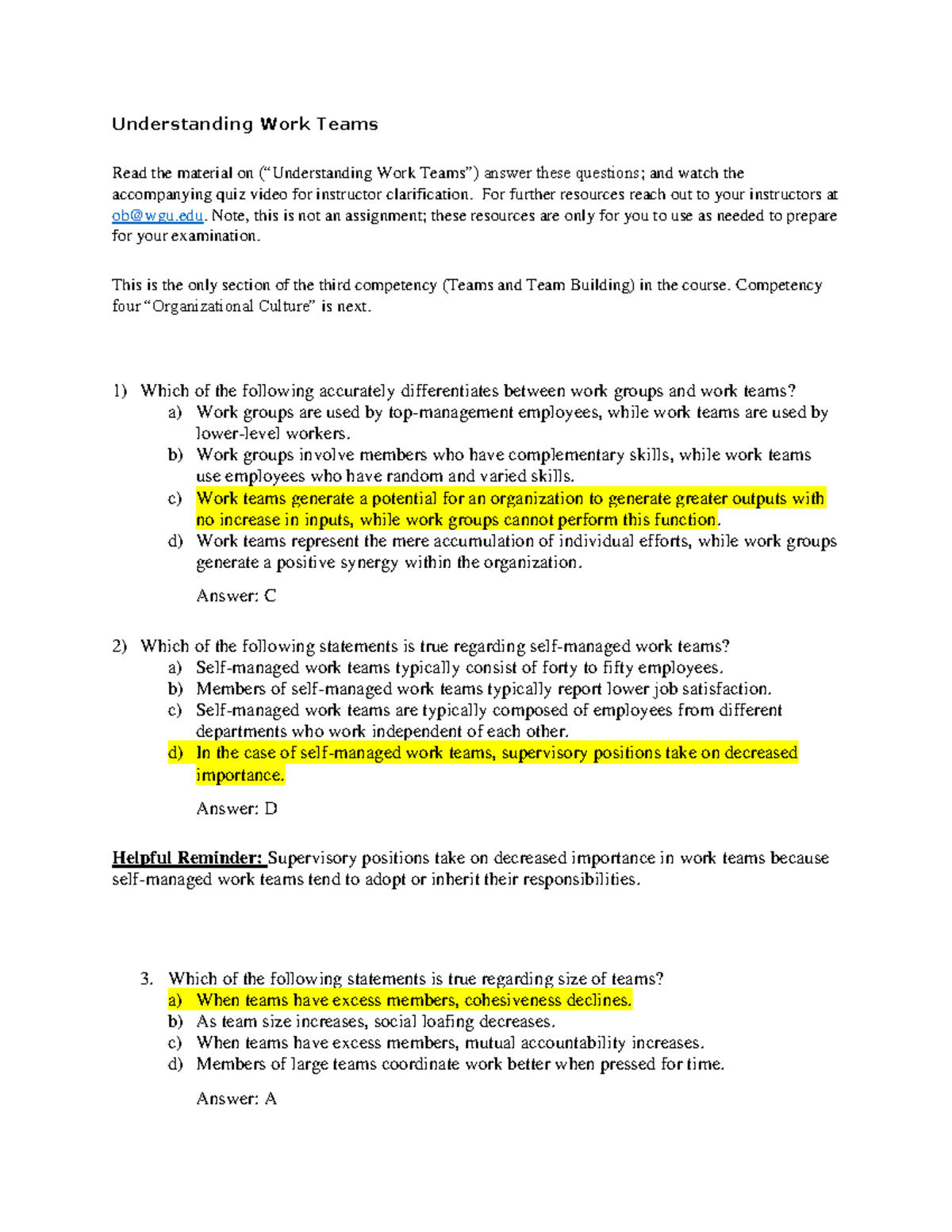 Understanding work teams multiple choice questions - Understanding Work ...