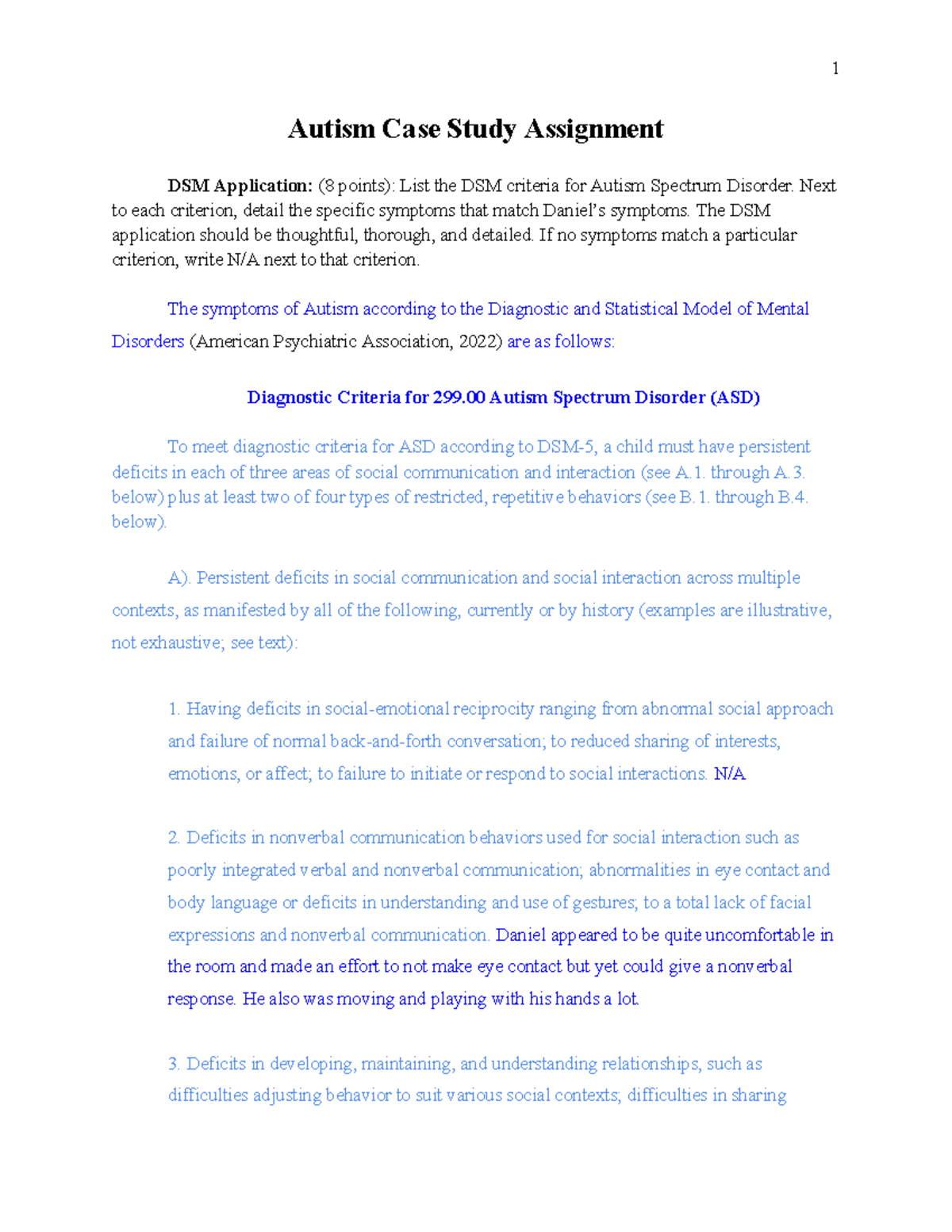 Autism Case Study (PSYC430) - Autism Case Study Assignment DSM ...