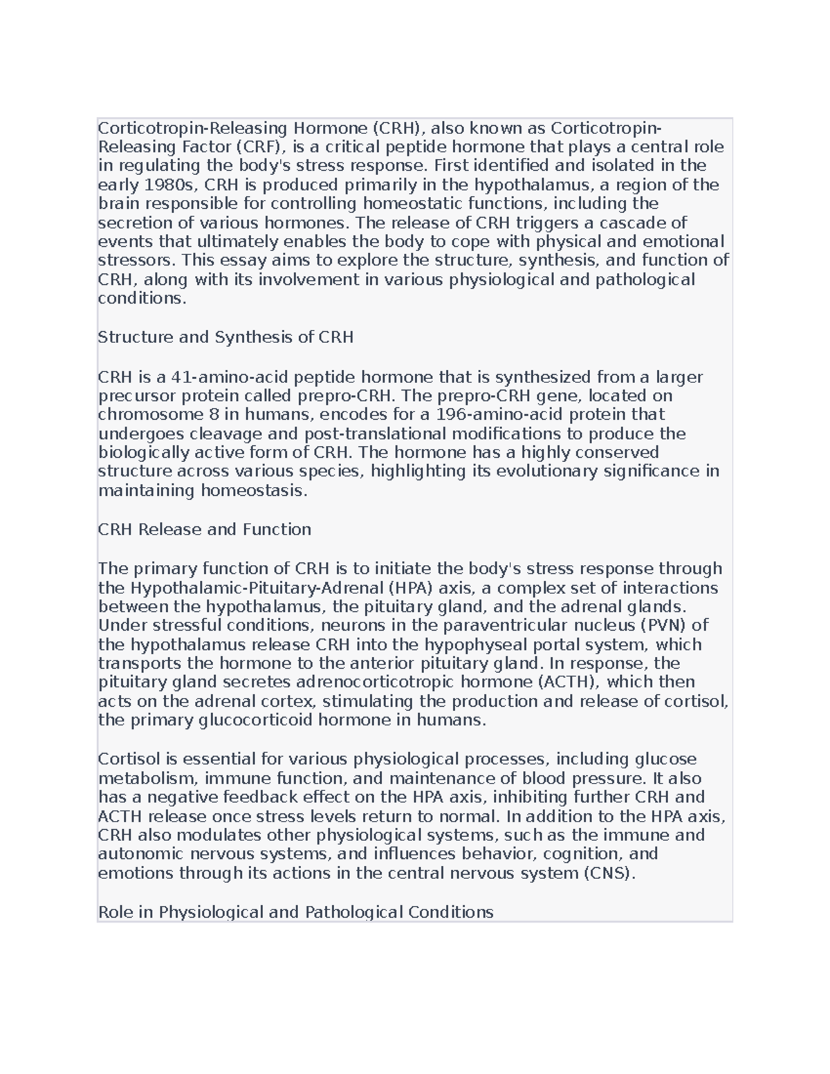 Crh hormone - notes - Corticotropin-Releasing Hormone (CRH), also known ...