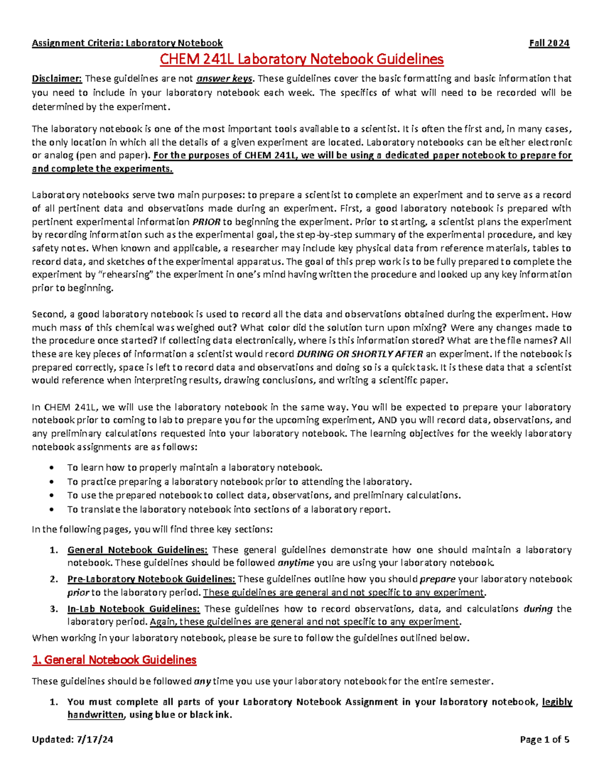 FA24 General Notebook Criteria - CHEM 241L Laboratory Notebook ...