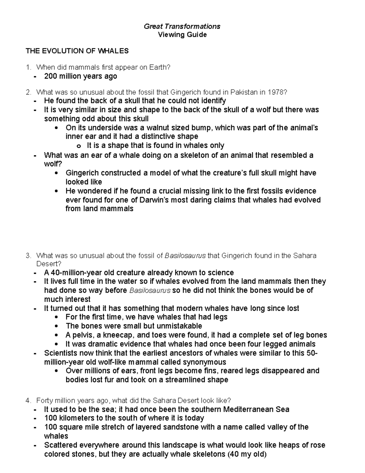 BIOL 101 - Study Guide 3 Notes - Great Transformations Viewing Guide ...
