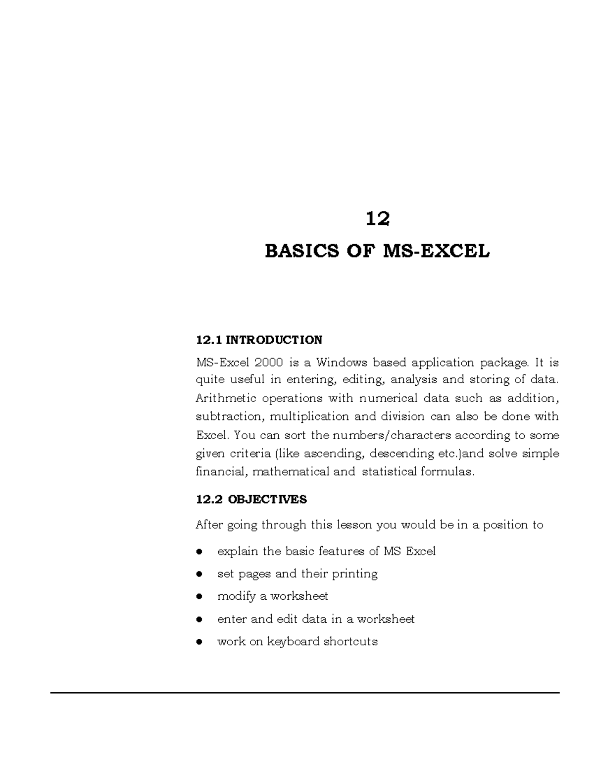 Excel notes 2 - 12 BASICS OF MS-EXCEL 12 INTRODUCTION MS-Excel 2000 is ...