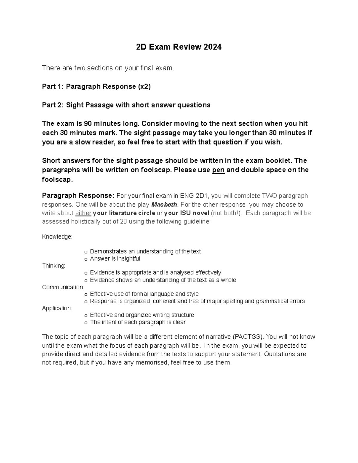 Copy of English Exam review - 2D Exam Review 2024 There are two ...