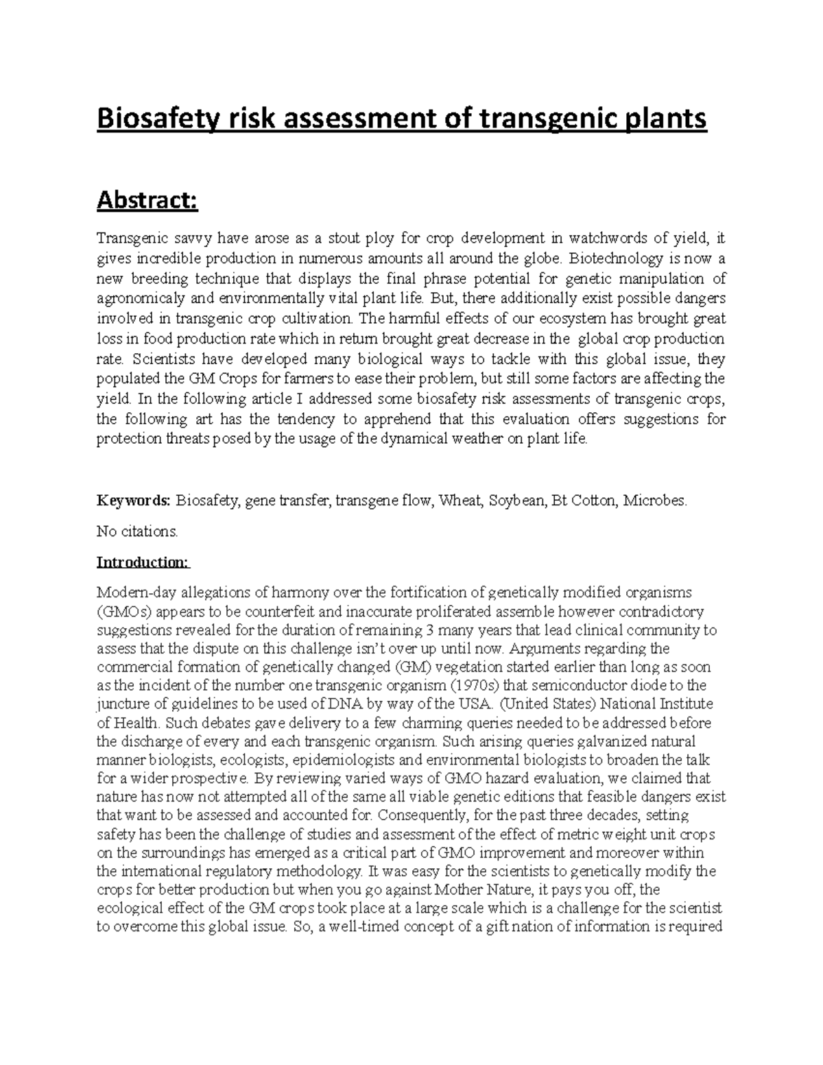Manuscrippt t0crop - Bio-safety Risk assessment of transgenic crops ...