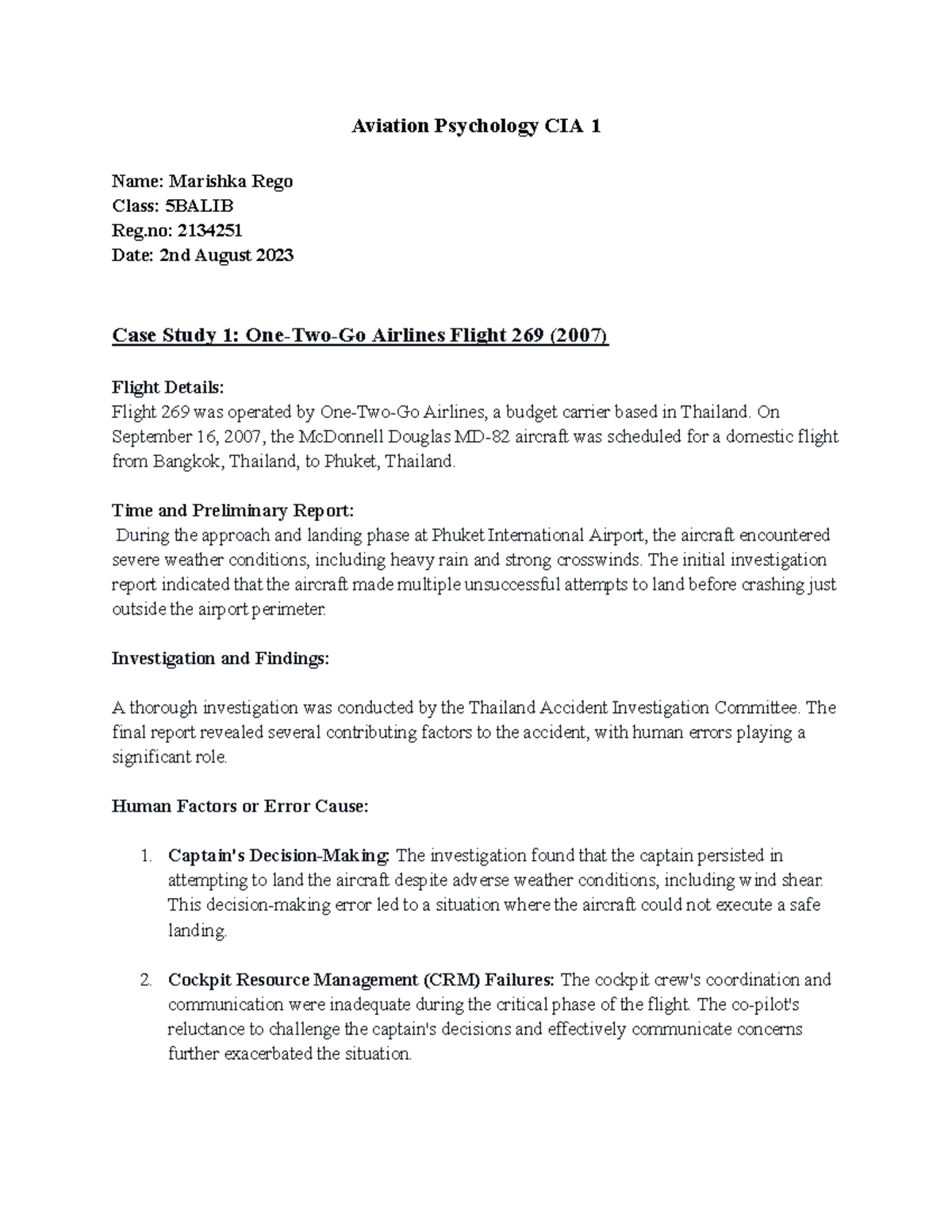Liberal arts Psychology specialization - Aviation Psychology CIA 1 Name ...