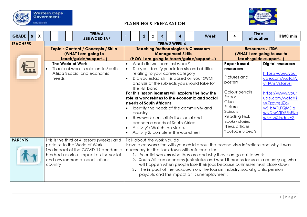 Lesson Plan Gr. 8 Life Orientation T2 W4 - PLANNING & PREPARATION GRADE 8 X TERM & SEE WCED ...