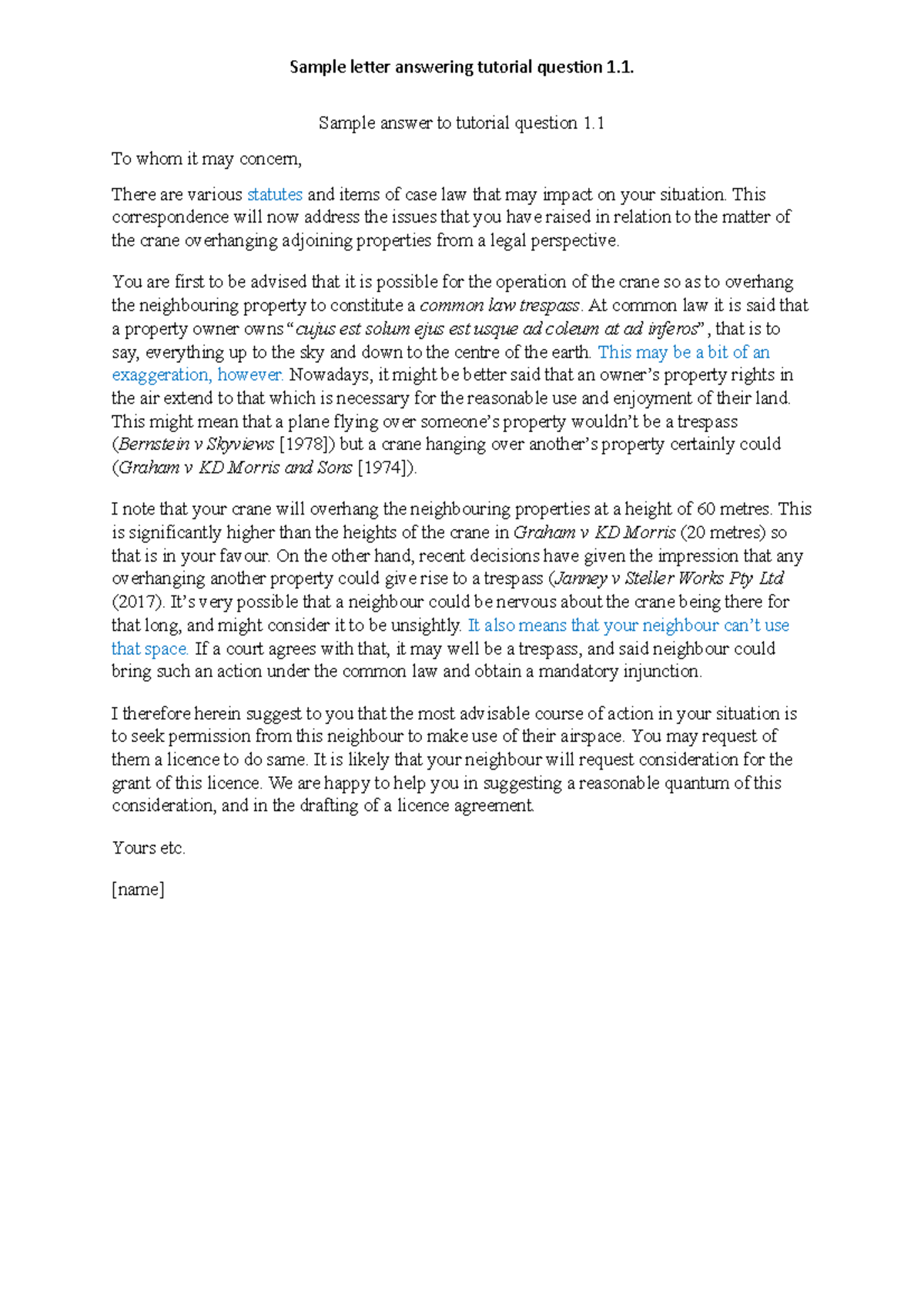 W1 Tute letter example - Sample letter answering tutorial question 1 ...