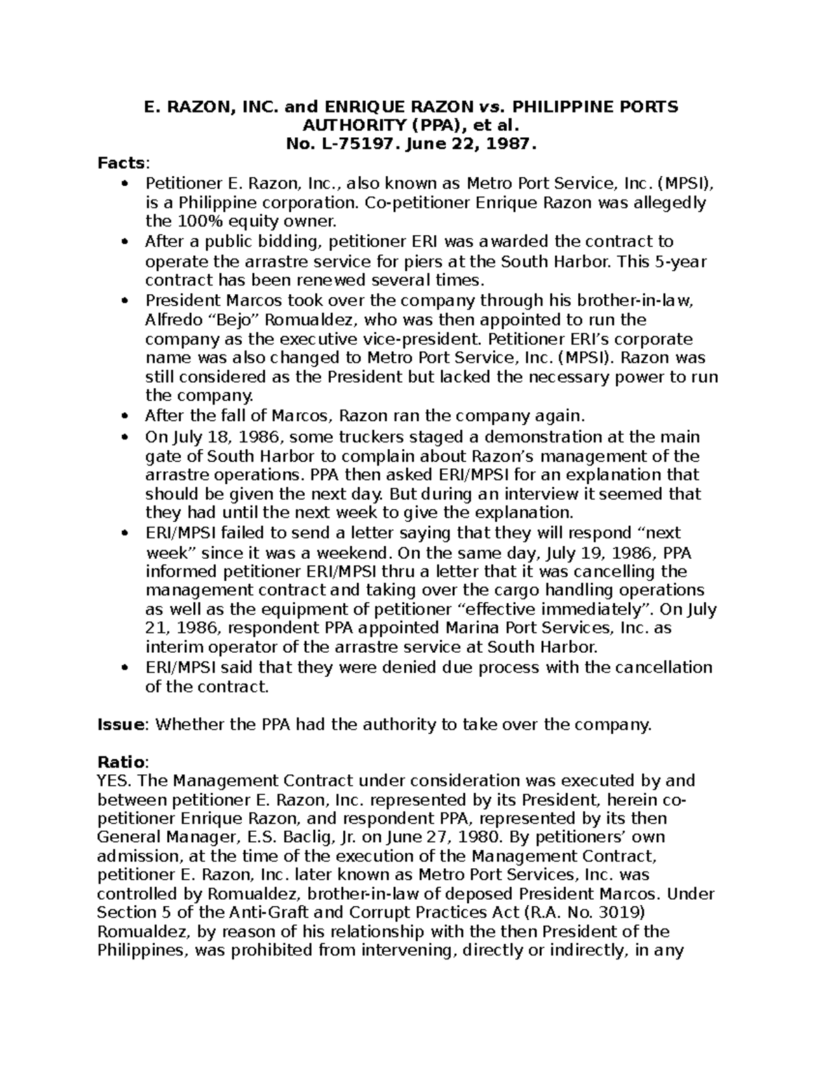 Pdfcoffee - law - E. RAZON, INC. and ENRIQUE RAZON vs. PHILIPPINE PORTS ...