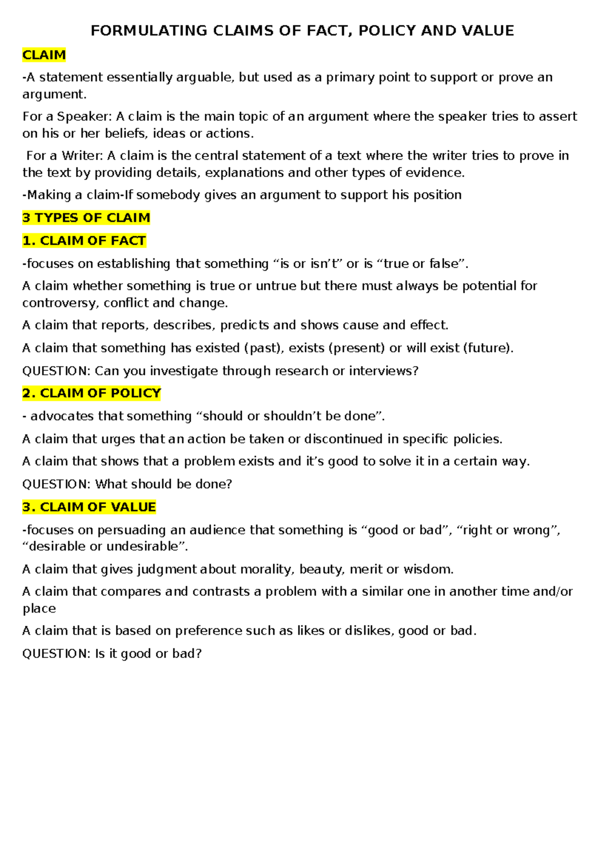 Formulating Claims OF FACT - FORMULATING CLAIMS OF FACT, POLICY AND ...