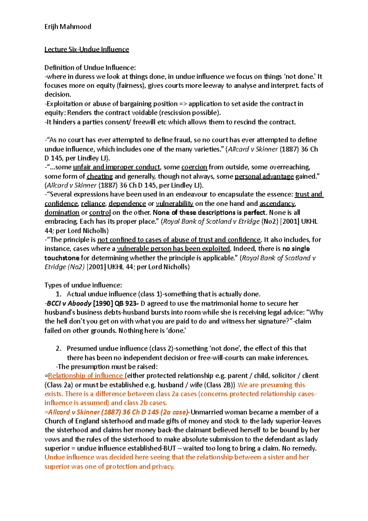 Lecture Six-Undue Influence - Lecture Six-Undue Influence Definition of ...