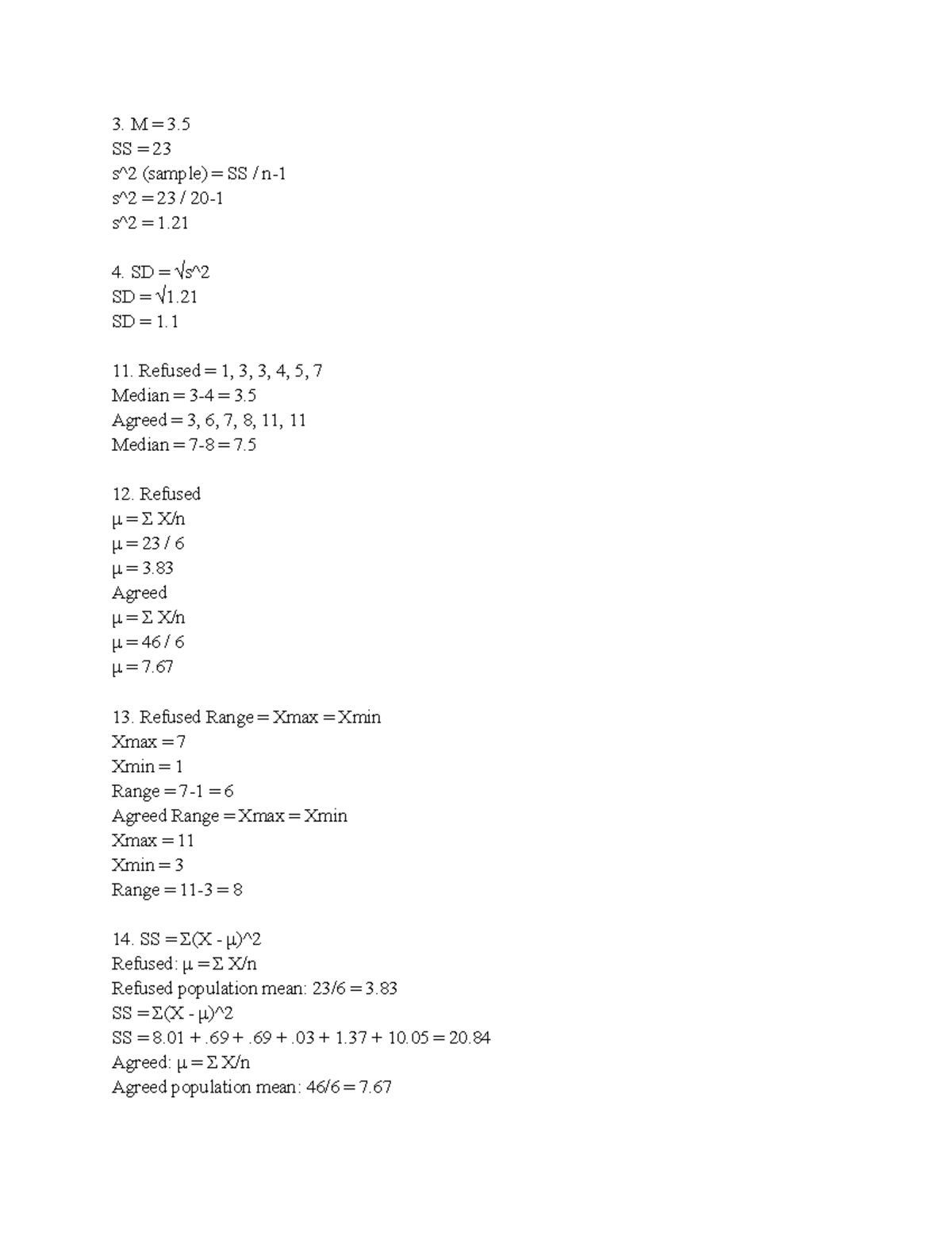 Homework 3 Work: Psychology Statistics Lab Work - s^2 (sample) = SS / n ...