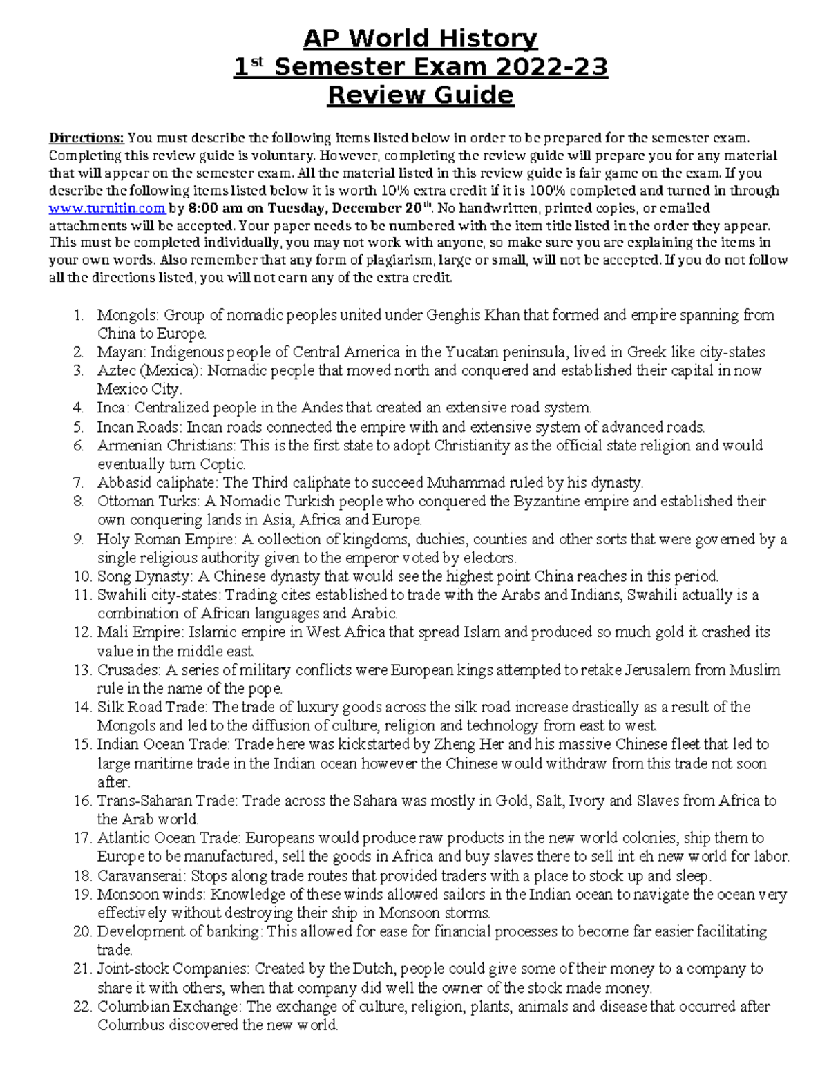 APWH 1st Semester Exam Review Guide Ford - AP World History 1 st ...