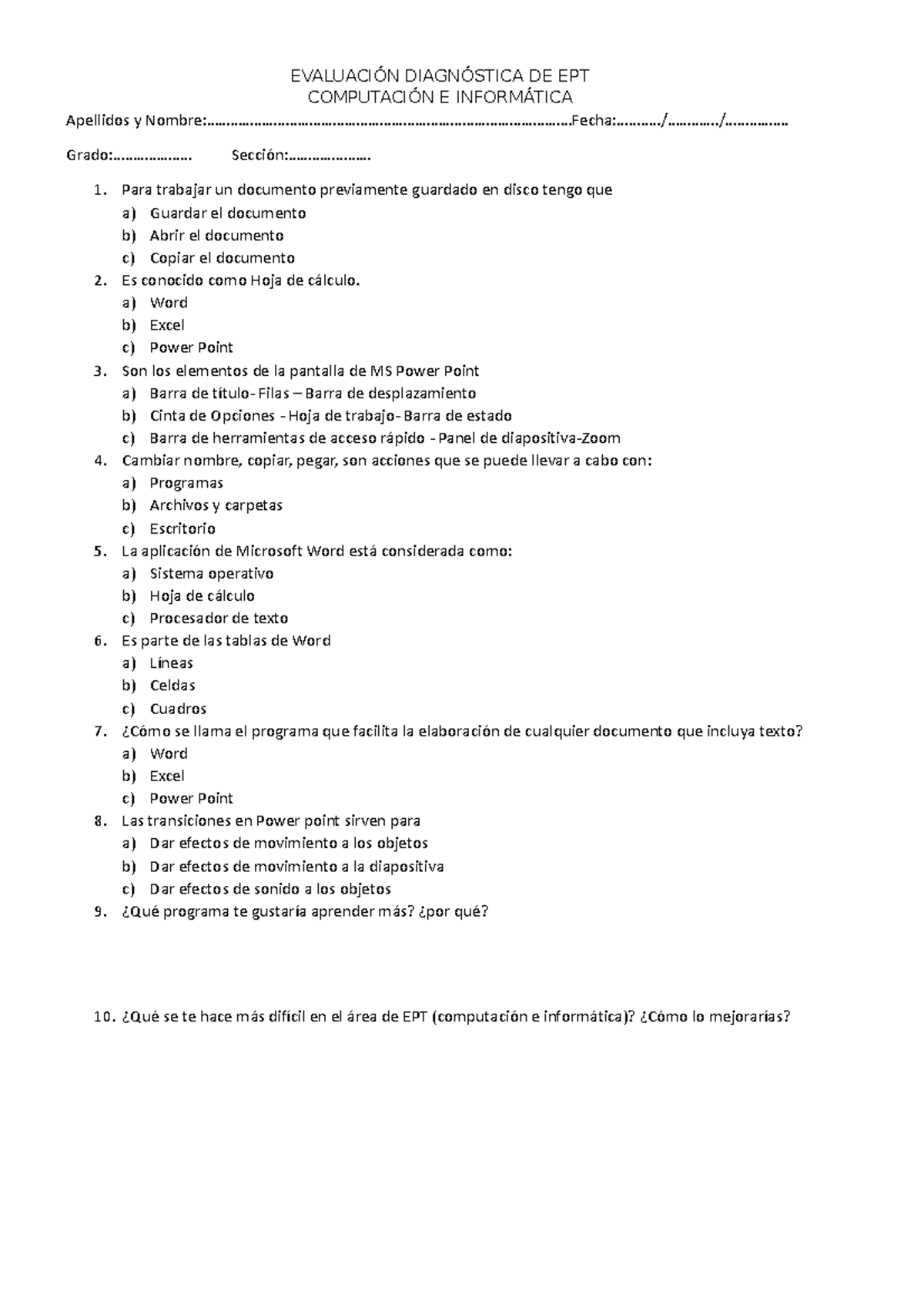 Evaluación Diagnóstica DE EPT Tercero - EVALUACIÓN DIAGNÓSTICA DE EPT COMPUTACIÓN E INFORMÁTICA ...