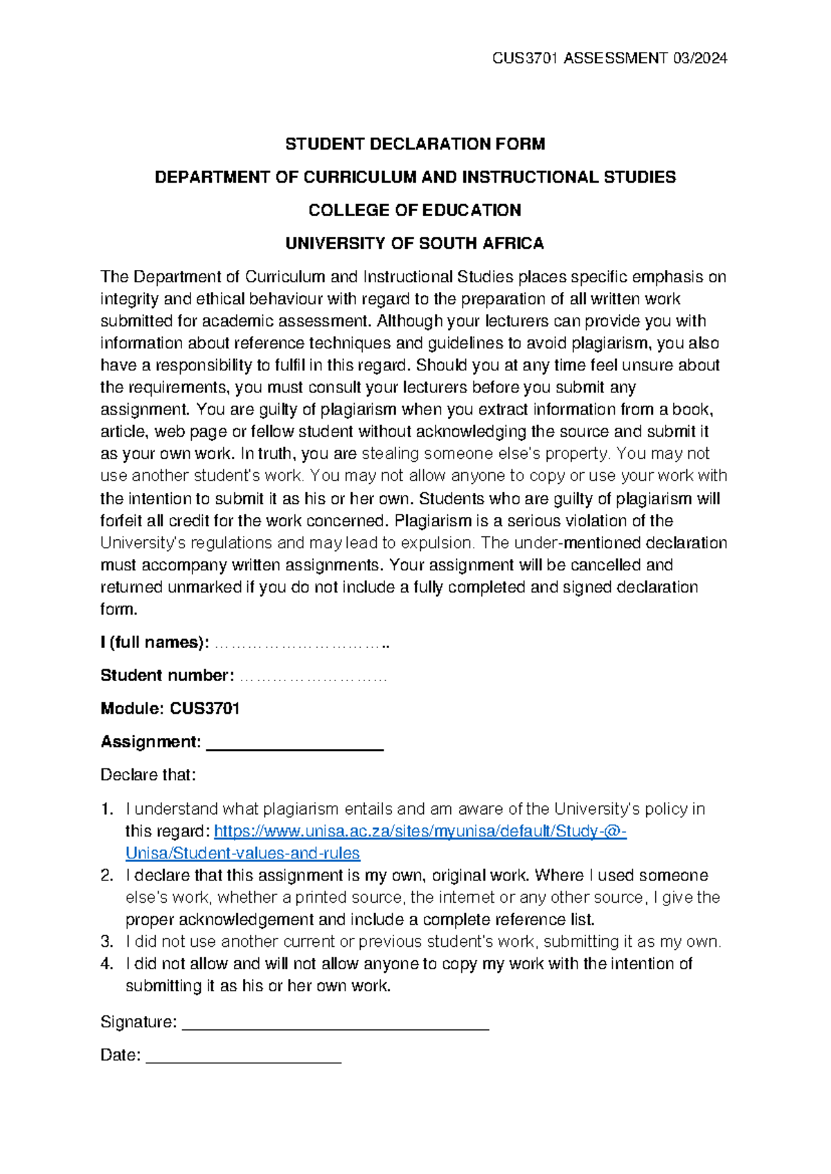 CUS merged - curriculum - CUS3701 ASSESSMENT 03/ STUDENT DECLARATION FORM DEPARTMENT OF ...