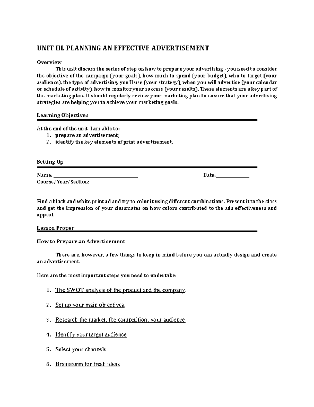 UNIT III - Planning an Effective Advertisement - UNIT III. PLANNING AN ...