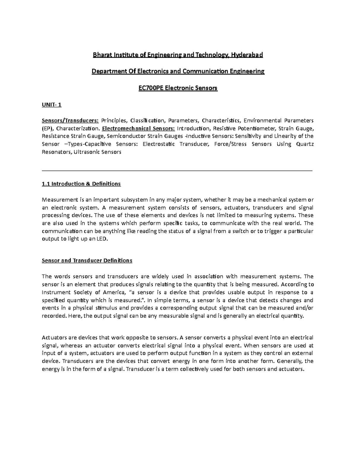 Unit1 Notes EC700PE Electronic Sensors - Bharat Institute of ...