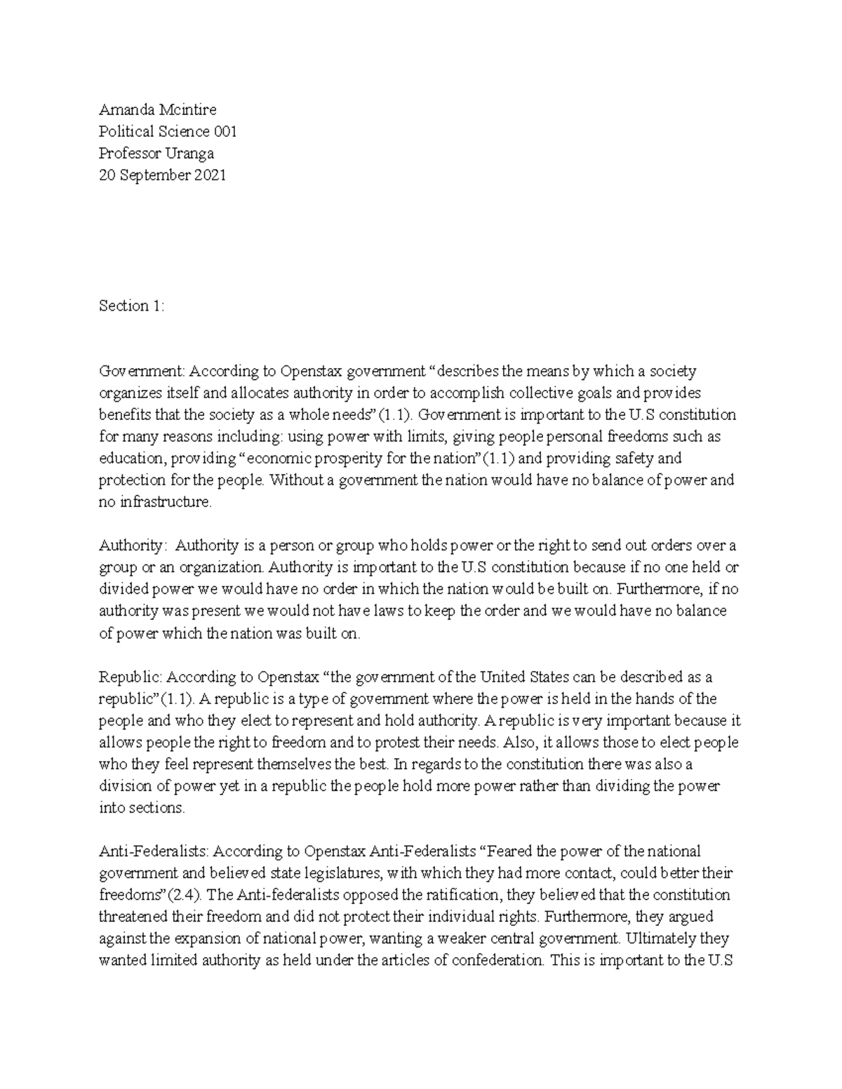 Quarter exam- Amanda Mcintire - Amanda Mcintire Political Science 001 ...