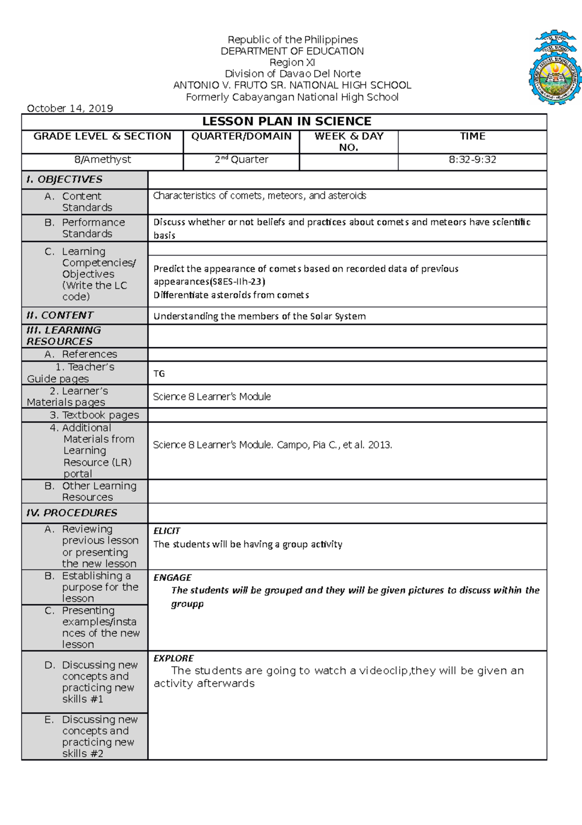 October 14,2019 - Lesson plan second quarter grade 8 - Republic of the ...