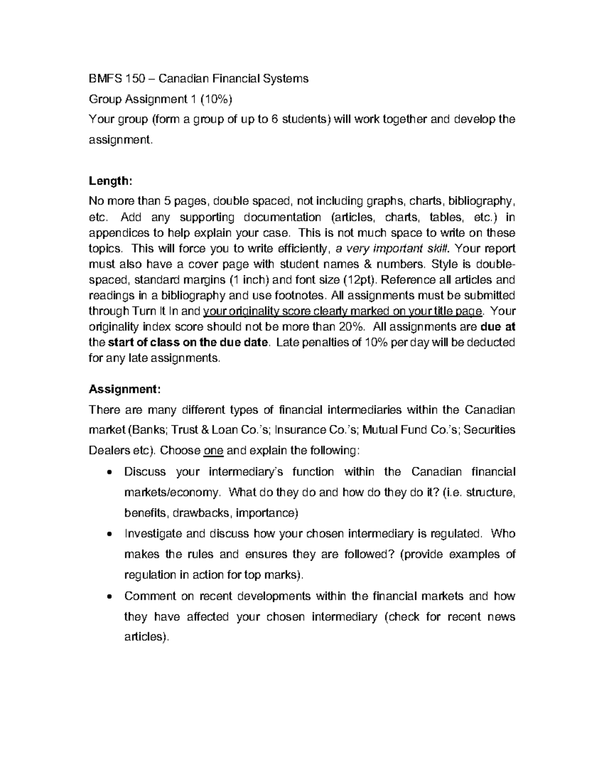 BMFS 150 Group Assignment 1 - BMFS 150 – Canadian Financial Systems ...