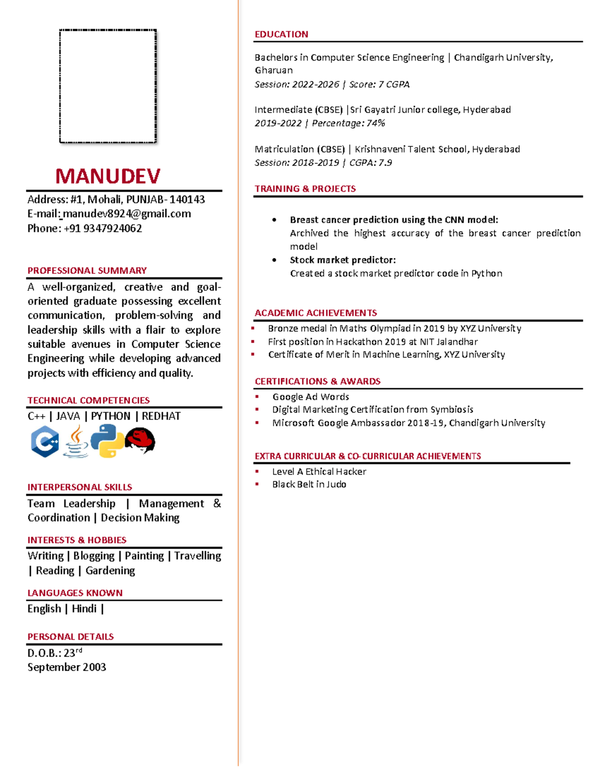 Manudev - EDUCATION Bachelors in Computer Science Engineering | Chandigarh University, Gharuan ...