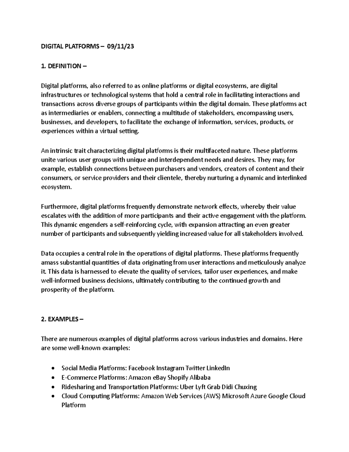 MIS Summary 092023 - summaries - DIGITAL PLATFORMS – 09/11/ 1. DEFINITION – Digital platforms ...