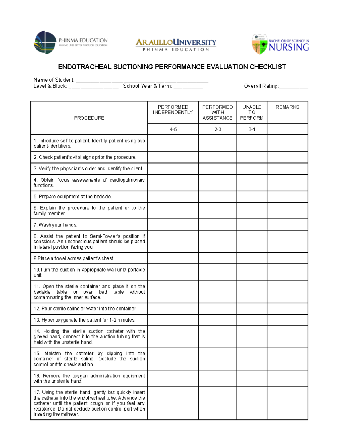 Suctioning - Checklist - ENDOTRACHEAL SUCTIONING PERFORMANCE EVALUATION ...