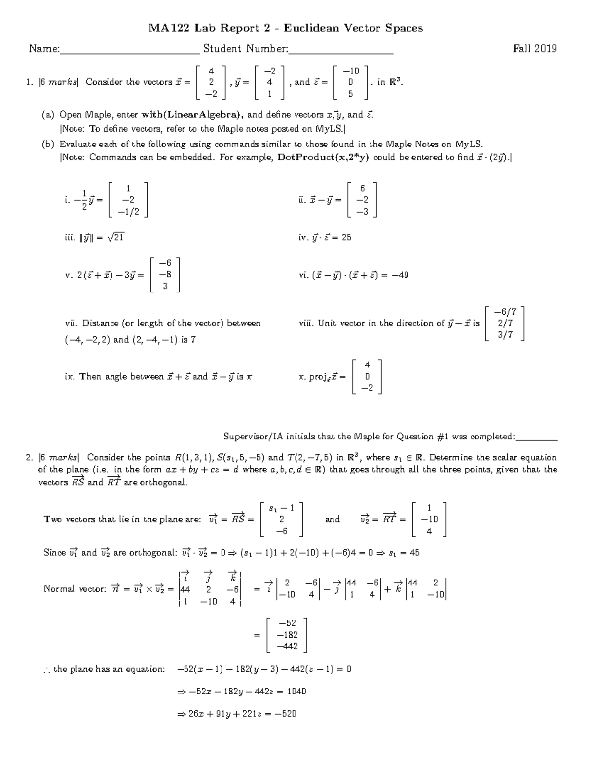 Assignment Lab 2Soln - MA122 Lab Report 2 - Euclidean Vector Spaces ...