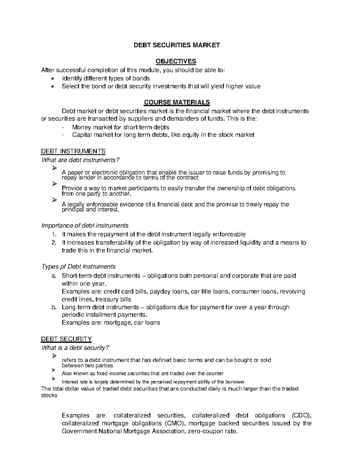 DEBT Securities Market - DEBT SECURITIES MARKET OBJECTIVES After ...