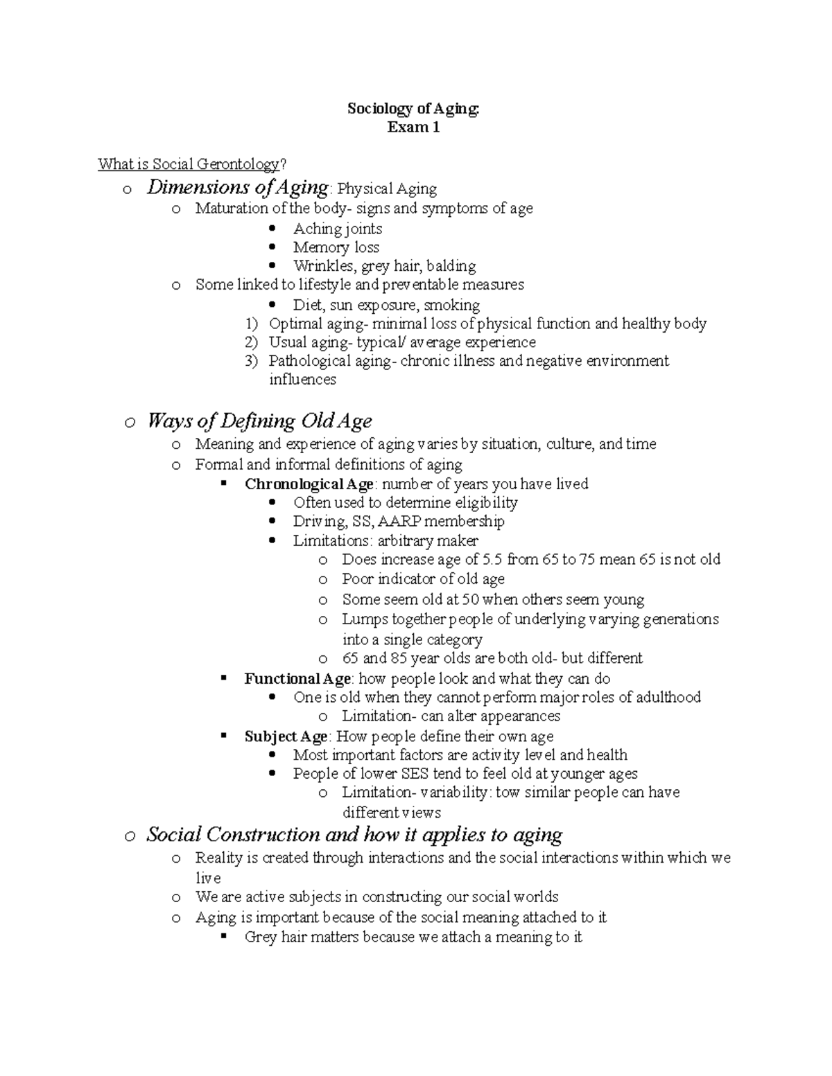 Exam 1 Study Guide - Sociology of Aging: Exam 1 What is Social ...