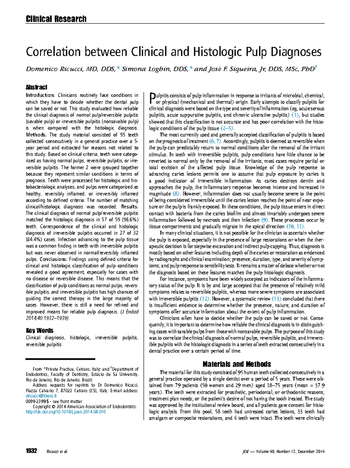 J Endod 2014 Correlation Between Clinical And Histologic Pulp Diagnoses