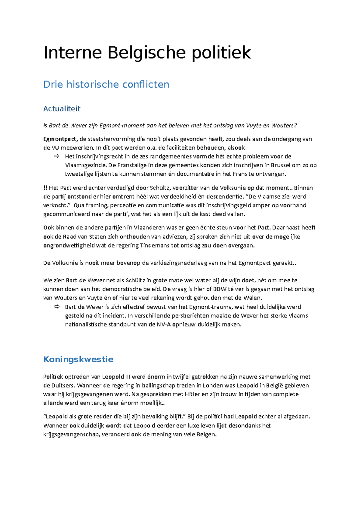 Notities drie historische conflicten - Interne Belgische politiek Drie ...
