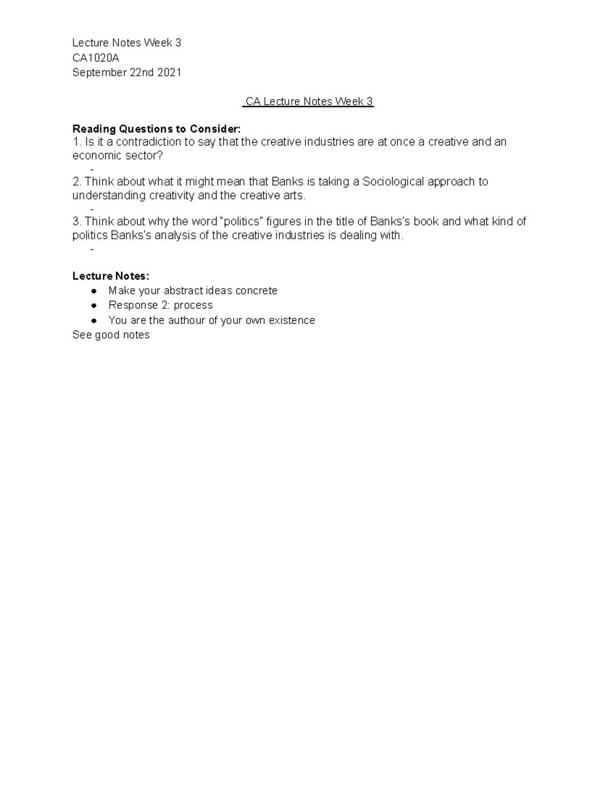 CA Lecture Notes Week 3 - ....... - Lecture Notes Week 3 CA1020A ...