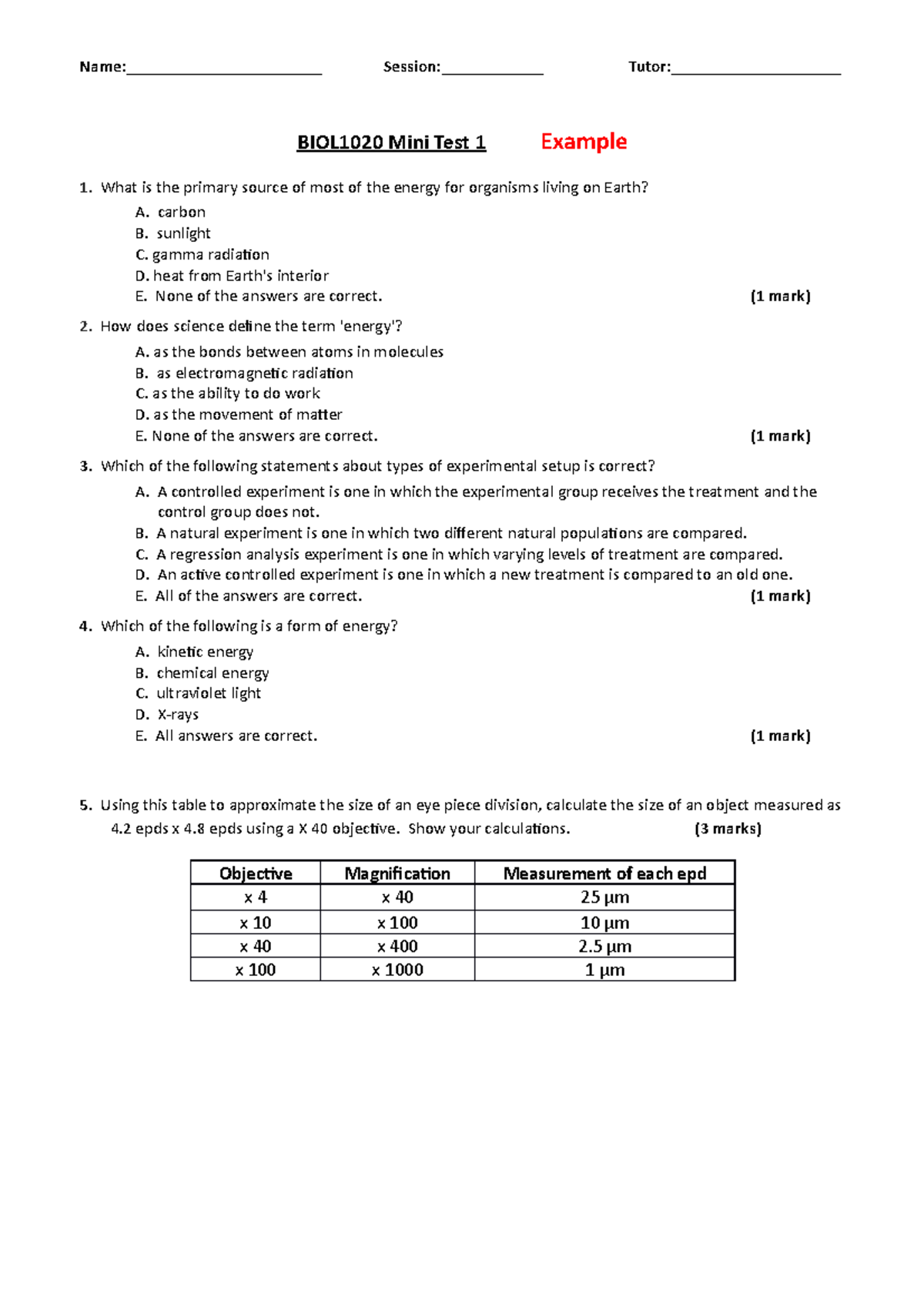 BIOL1020 Mini Test 1 Example Name Session