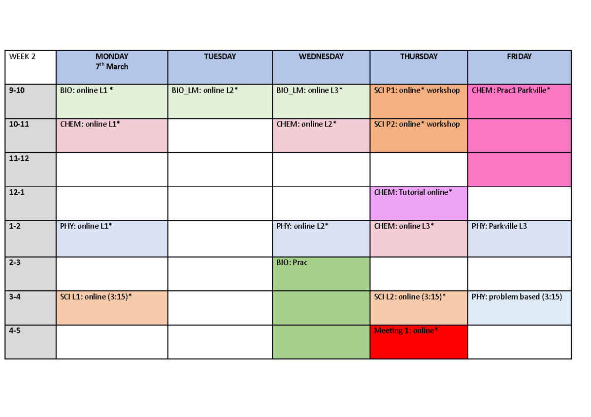 Timetable plan for classes - WEEK 2 MONDAY 7 th March TUESDAY WEDNESDAY ...