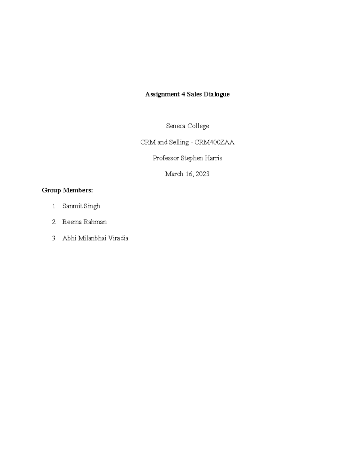 Assignment 4 Sales Dialogue - Assignment 4 Sales Dialogue Seneca ...