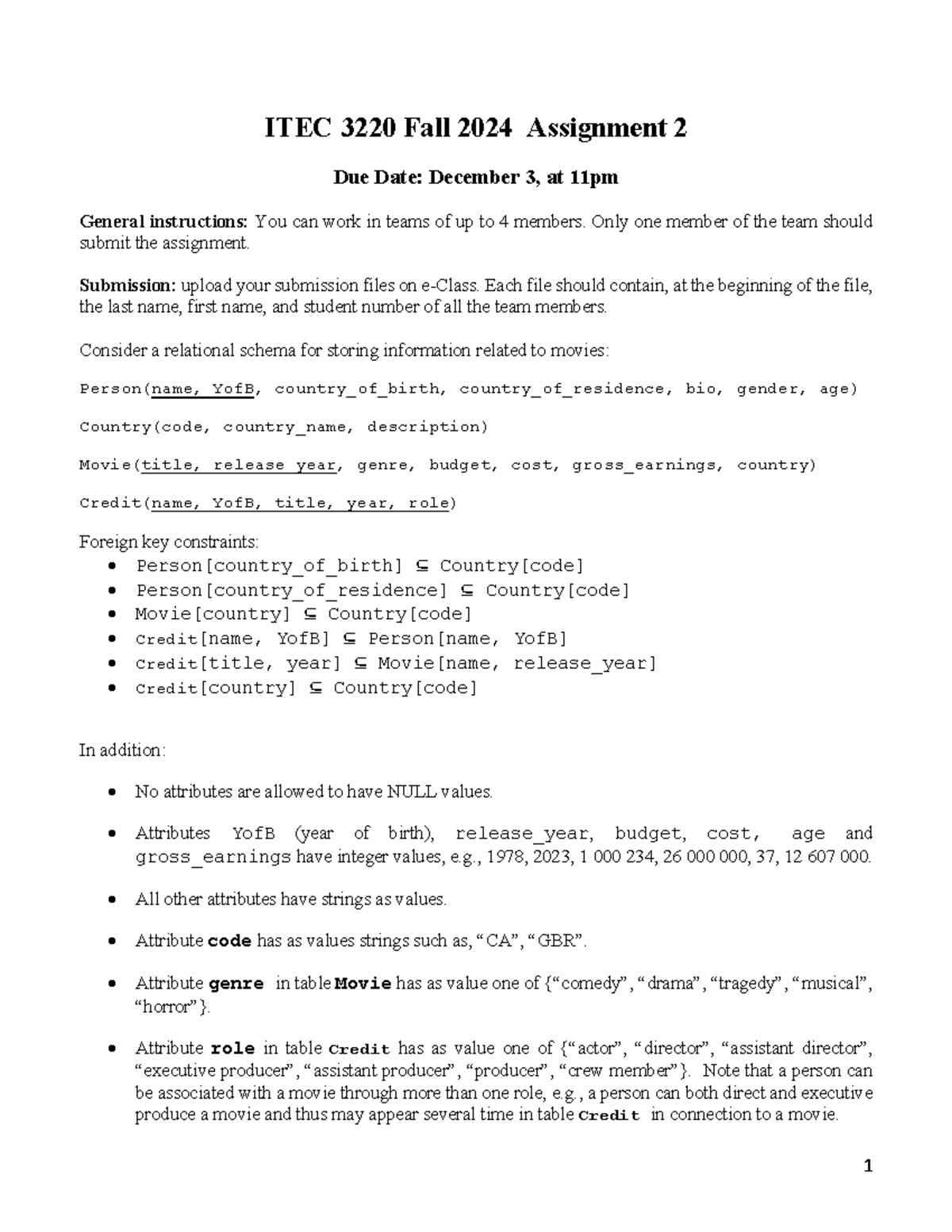 ITEC 3220 A2 FALL 2024 - Assignment 2 - 1 ITEC 3220 Fall 2024 Assignment 2 Due Date: December 3 ...
