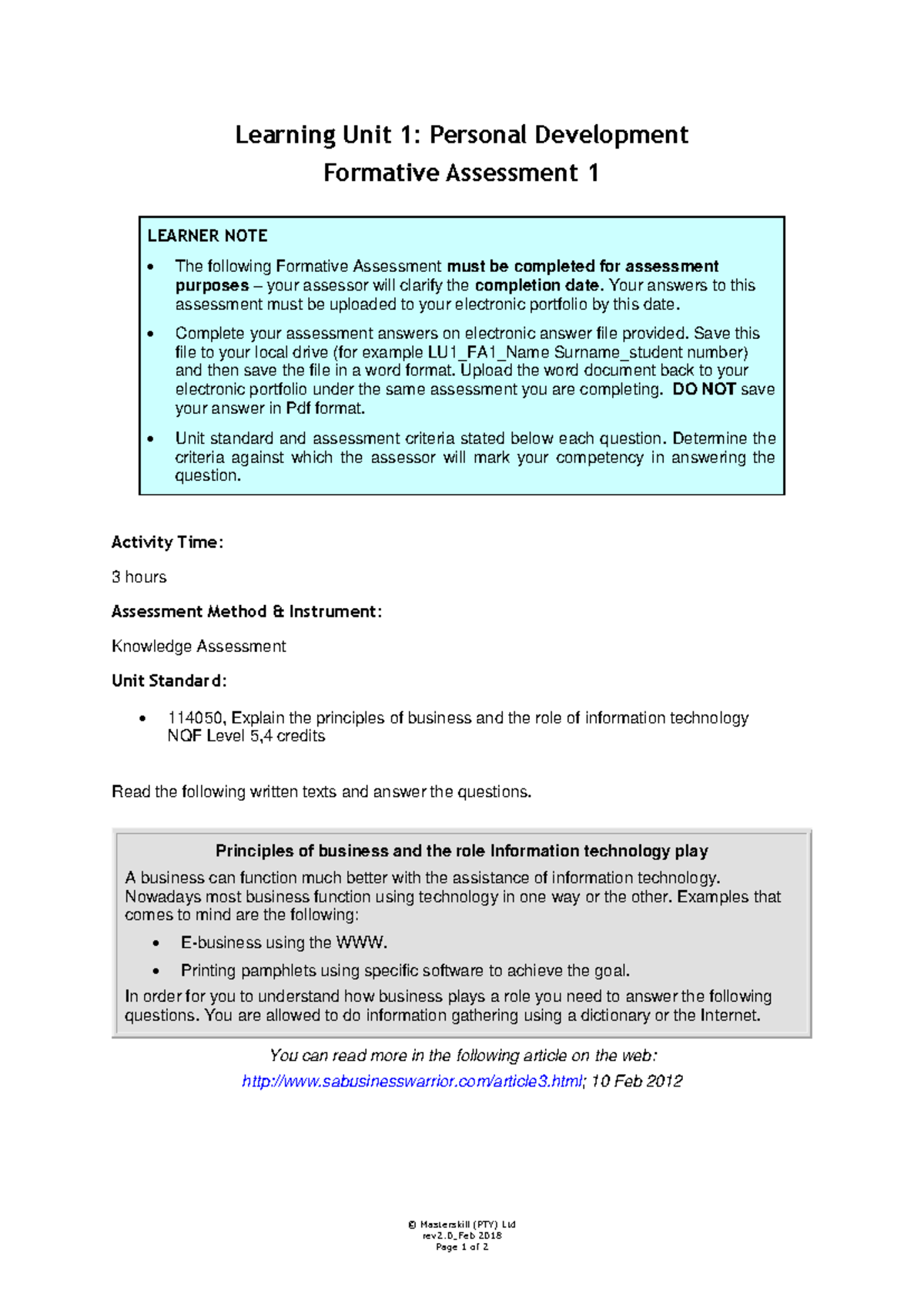 Learning Unit 1 Personal Development For - © Masterskill (PTY) Ltd rev2 ...