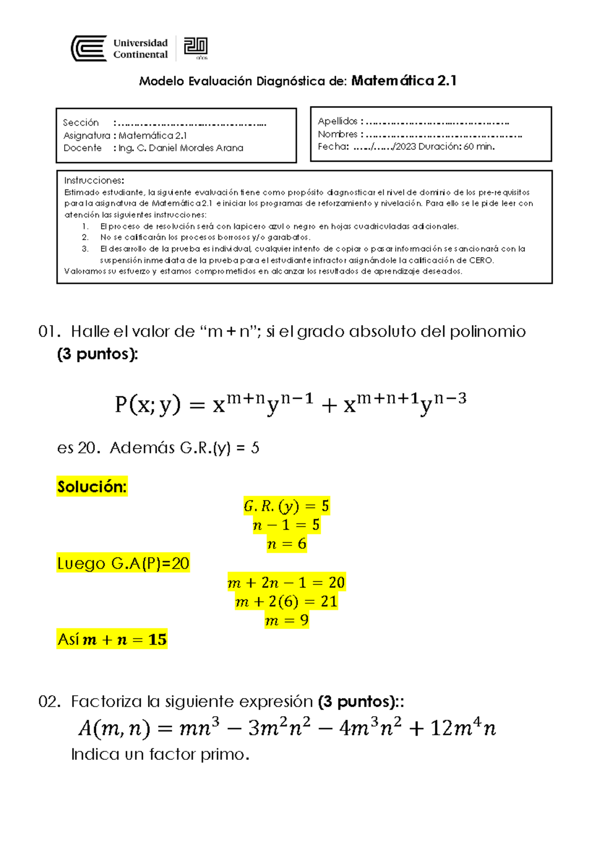 Solucionario DE LA EVA Diagnóstica 2023-10 B - Modelo EvaluaciÛn DiagnÛstica de: Matem·tica 2 ...