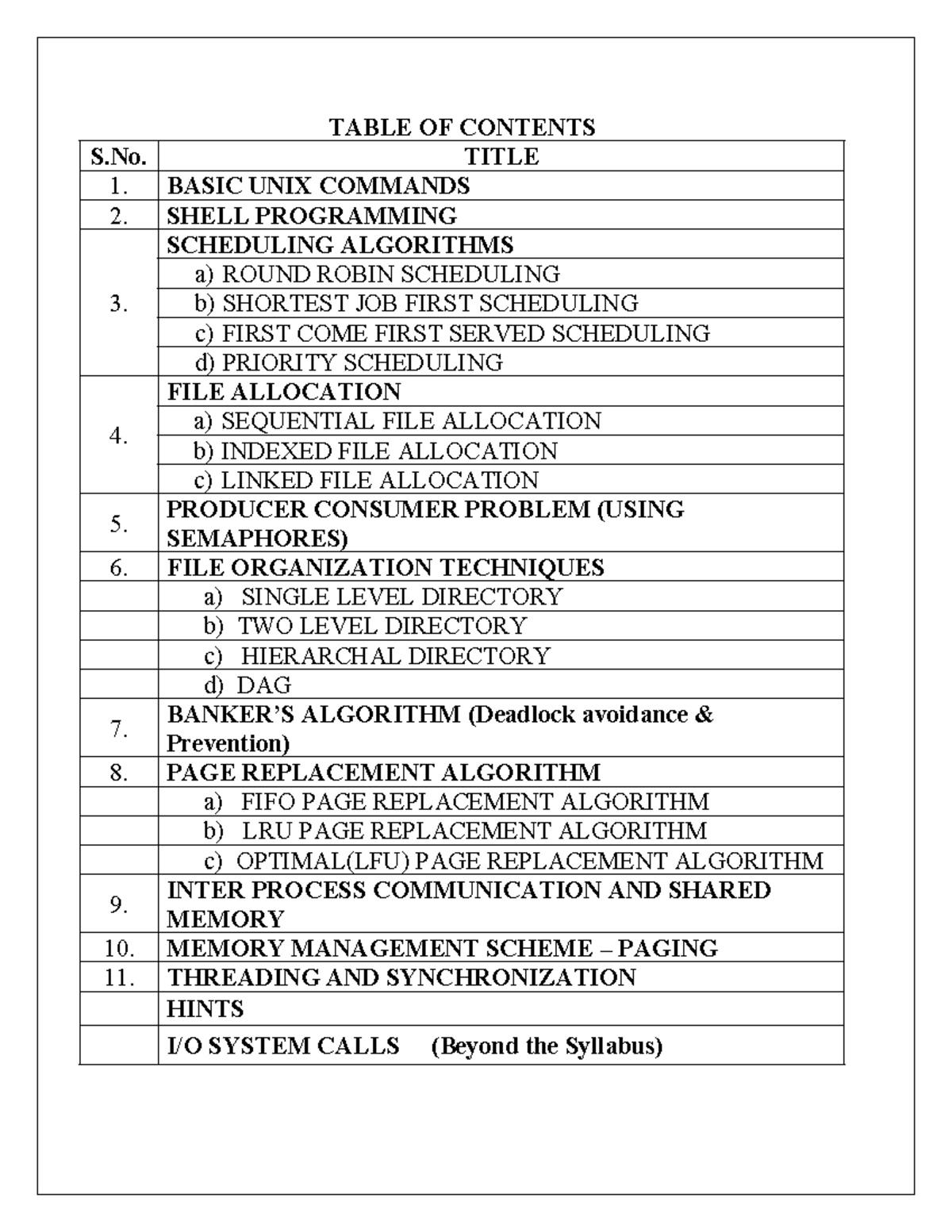 Final OS LAB Manual - dfasc - TABLE OF CONTENTS S. TITLE 1. BASIC UNIX COMMANDS 2. SHELL ...