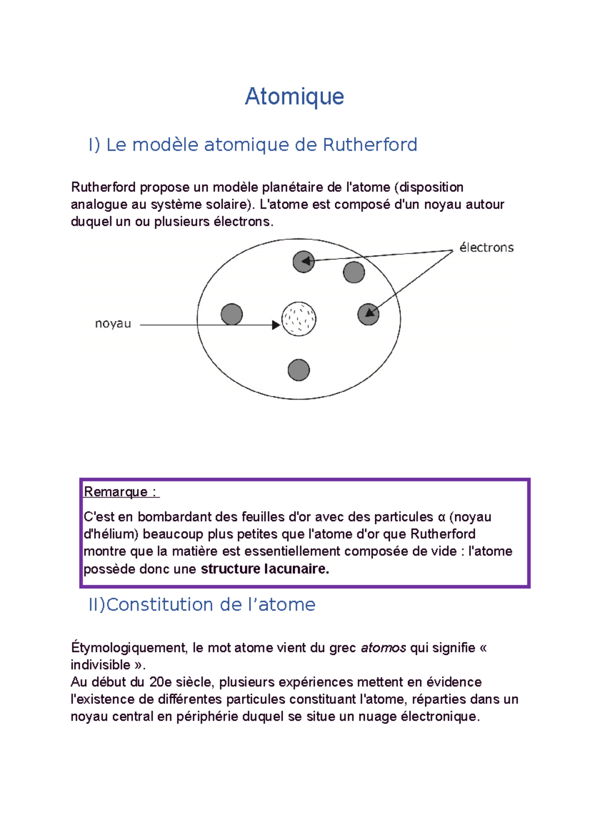 3) Atomique - Atomique I) Le modèle atomique de Rutherford Rutherford ...