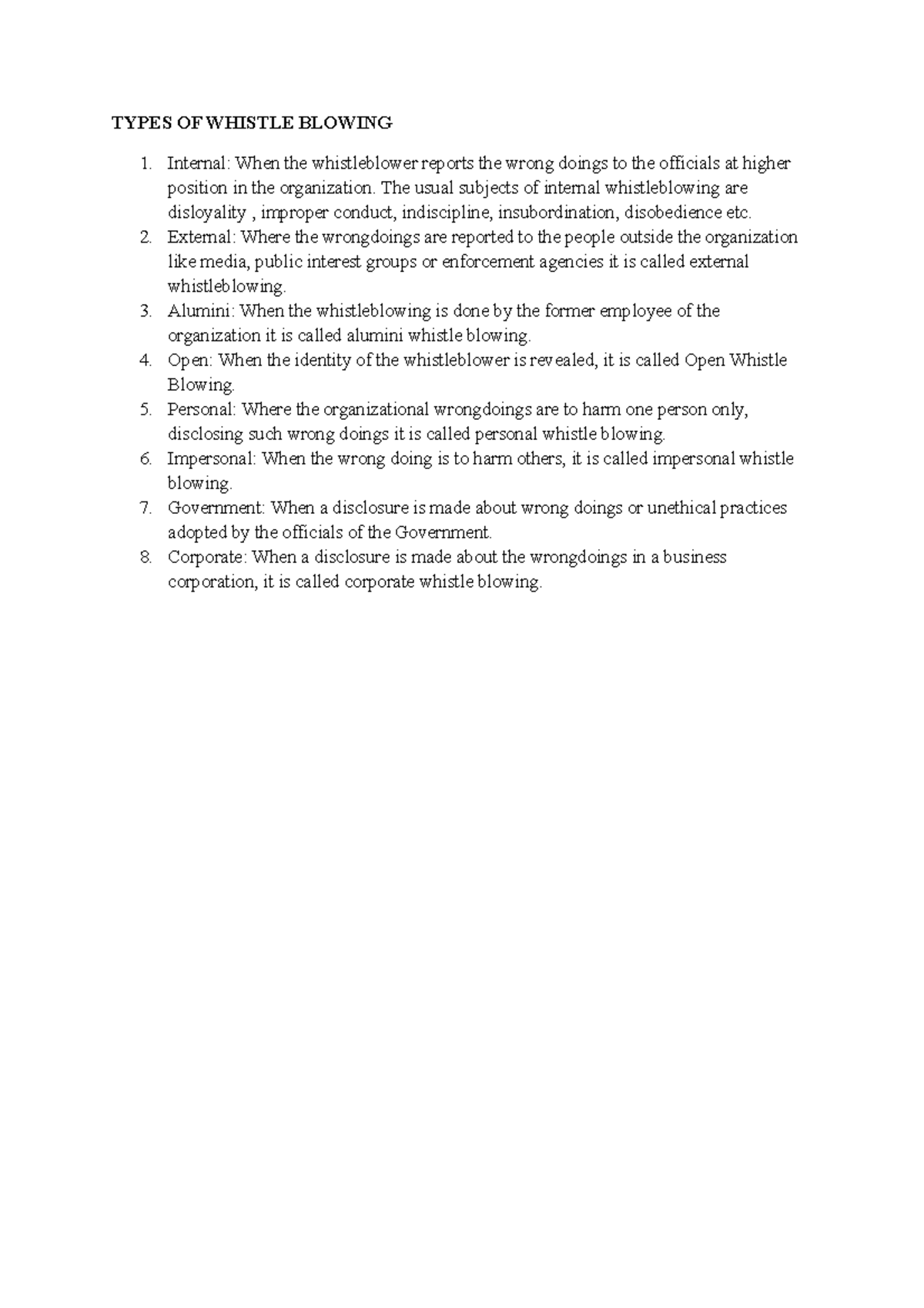 Types of whistle blwoing - TYPES OF WHISTLE BLOWING Internal: When the ...