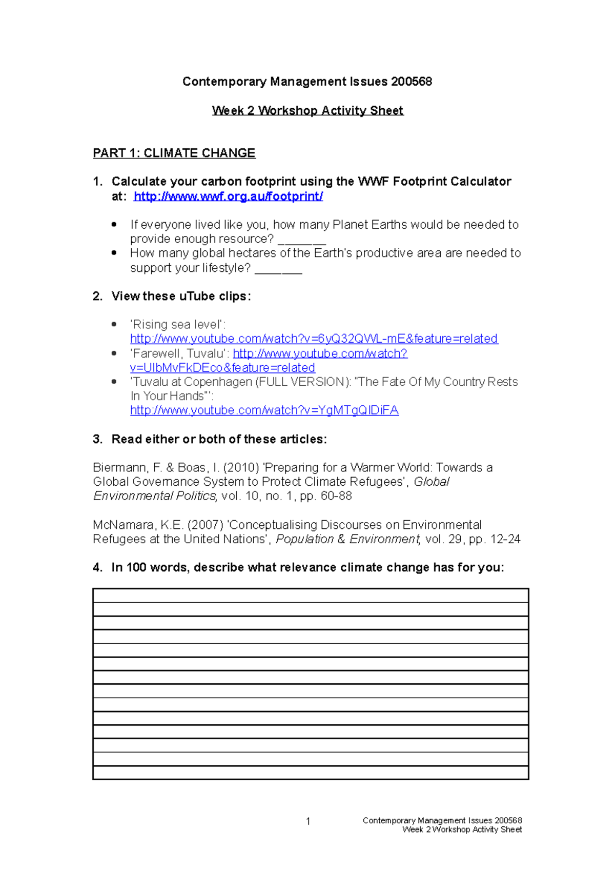2005 68 Week 2 Workshop Activity Sheet 2019 - Contemporary Management ...