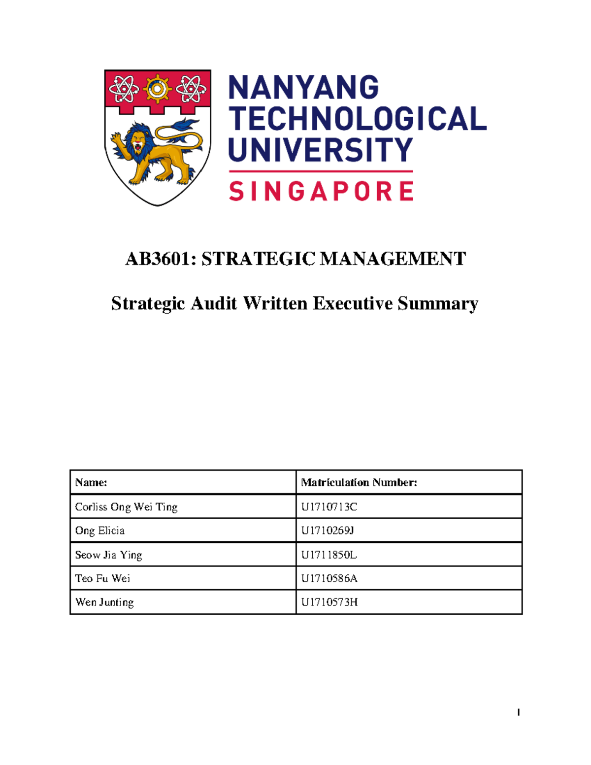 Strategic Audit Report Raffles Medical Group Seminar 5 Team 6 - AB3601: STRATEGIC MANAGEMENT ...