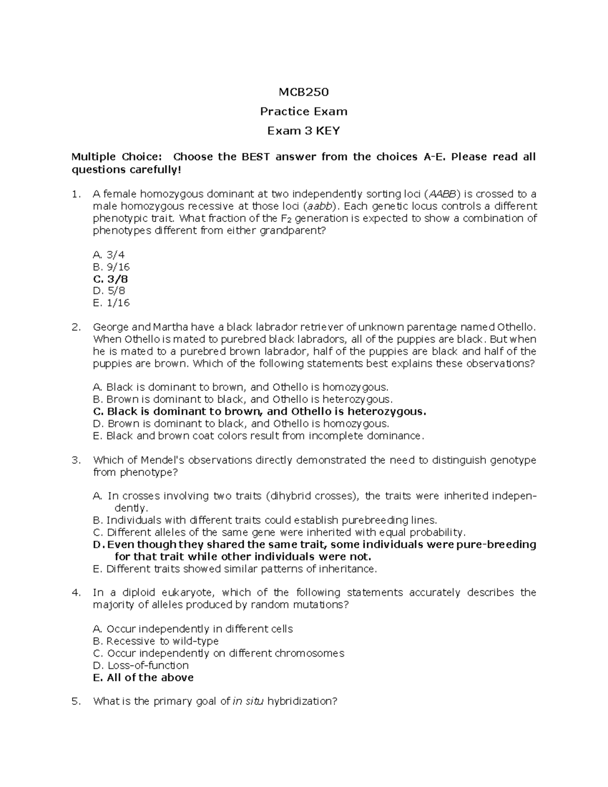 Practice Exam 3 with Answers - MCB Practice Exam Exam 3 KEY Multiple Choice: Choose the BEST ...