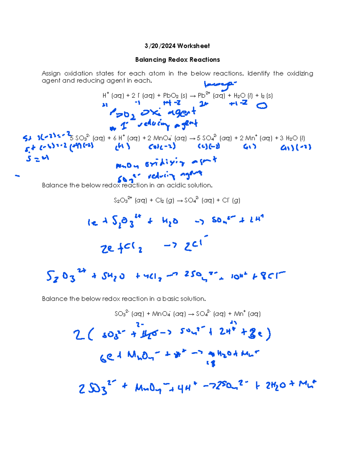 38752526 - 3/20/2024 Worksheet Balancing Redox Reactions Assign ...
